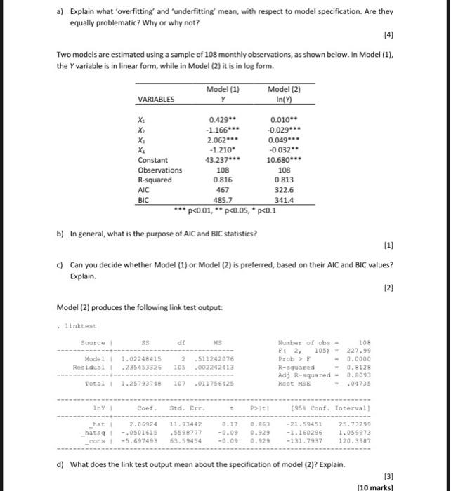 Solved a) Explain what 'overfitting' and 'underfitting' | Chegg.com