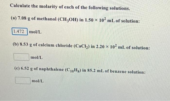 Solved Calculate the molarity of each of the following | Chegg.com