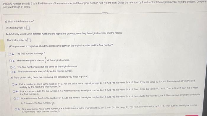 Solved Pick any number and add 3 to at. Find the sum of the | Chegg.com