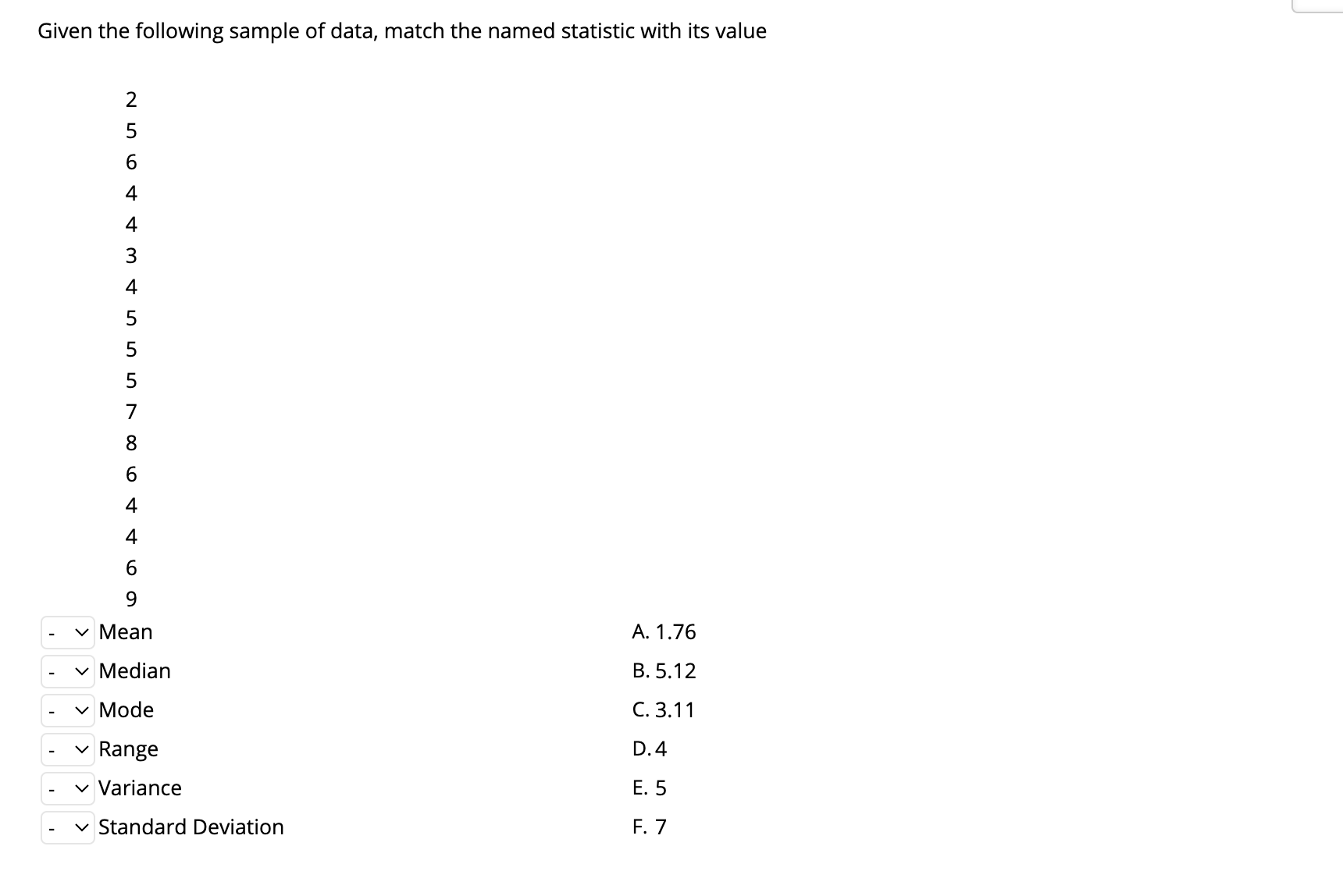 Solved Given the following sample of data, match the named | Chegg.com