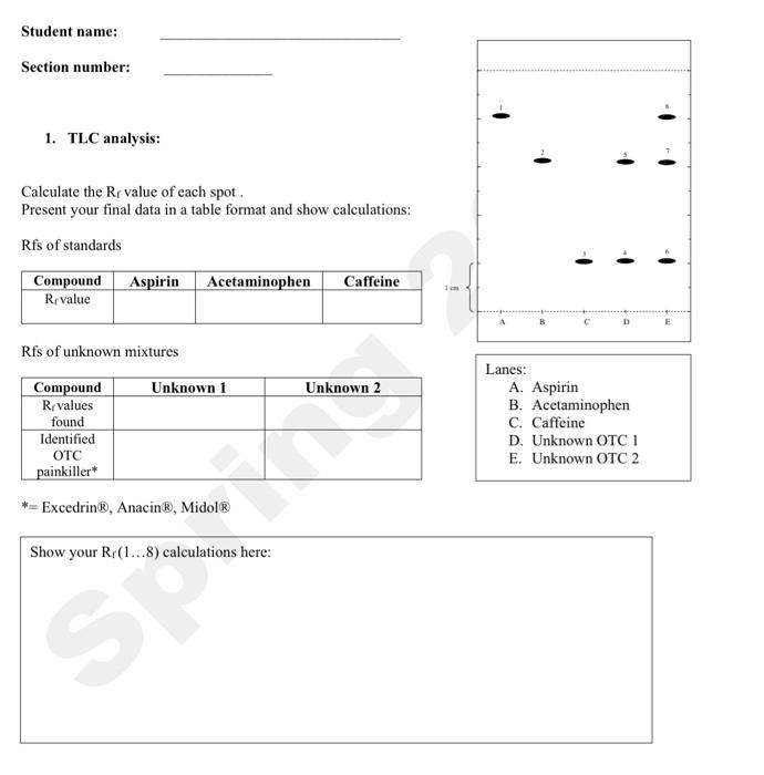 Solved Student name: Section number: 1. TLC analysis: | Chegg.com