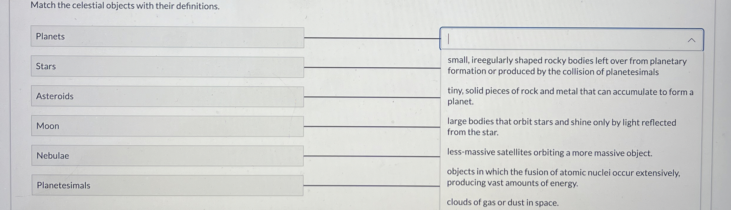 Solved Match the celestial objects with their | Chegg.com