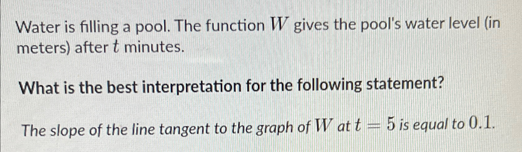 Solved Water is filling a pool. The function W ﻿gives the | Chegg.com