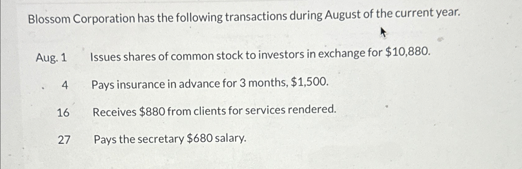 Solved Blossom Corporation has the following transactions | Chegg.com