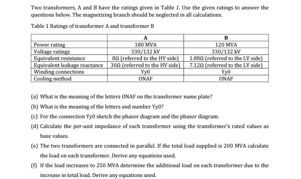 Solved Two transformers, A and B have the ratings given in | Chegg.com