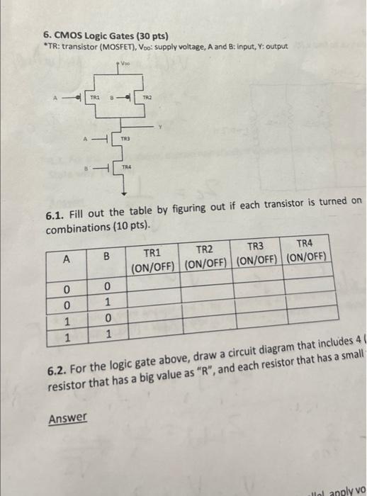 Solved 6. CMOS Logic Gates (30 pts) *TR: transistor | Chegg.com