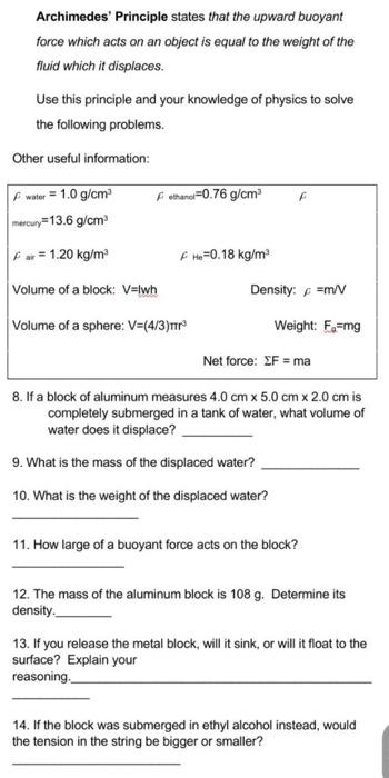 Solved Archimedes' Principle states that the upward buoyant | Chegg.com