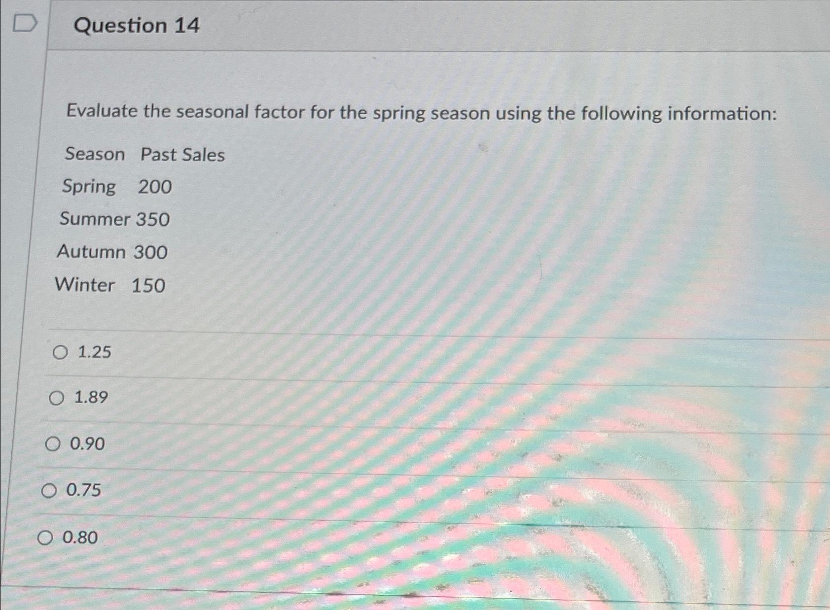 Solved Question 14Evaluate the seasonal factor for the | Chegg.com