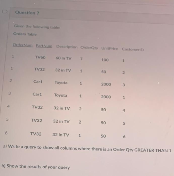 Solved Question 7 Given the following table: Orders Table | Chegg.com