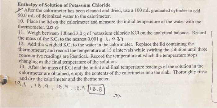 Solved Enthalpy of Solution of Potassium Chloride Mass of | Chegg.com