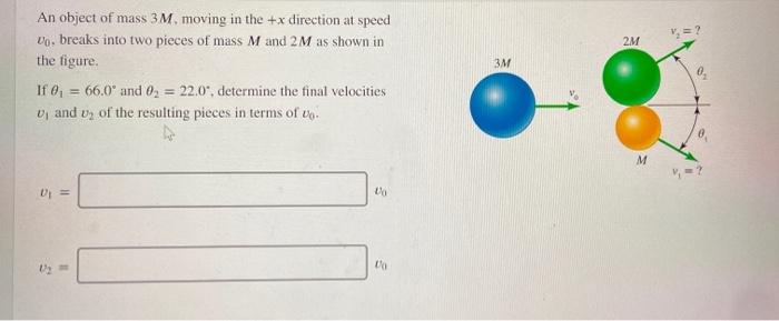 Solved 2M An object of mass 3M moving in the + x direction | Chegg.com