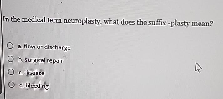 Solved In the medical term neuroplasty, what does the suffix | Chegg.com