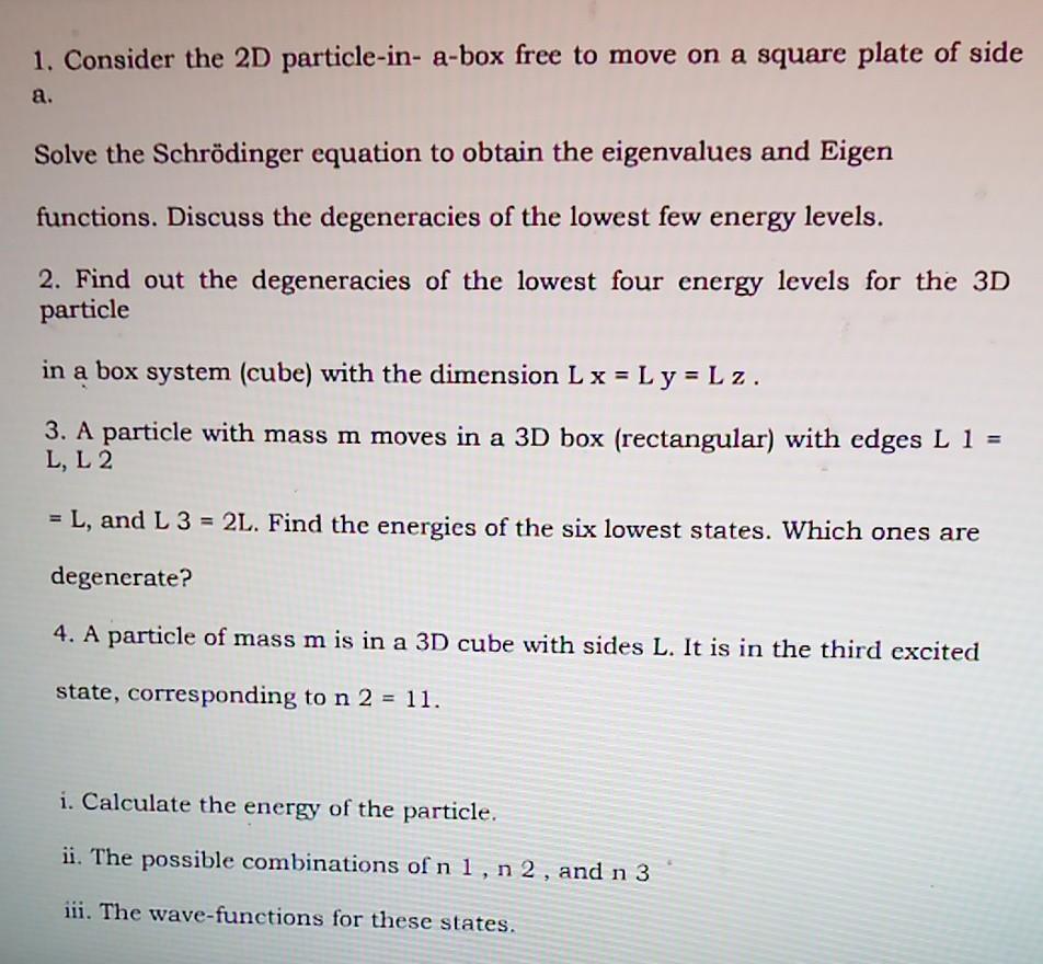 Solved 1. Consider the 2D particle-in-a-box free to move on | Chegg.com