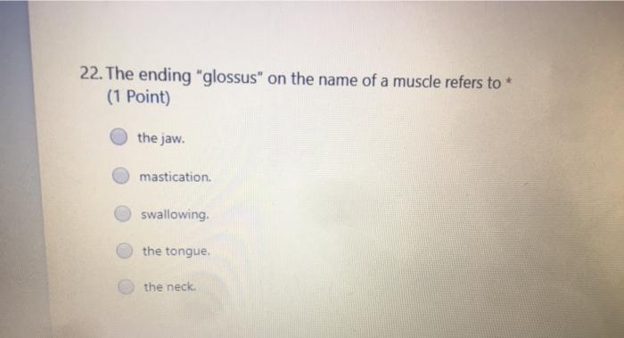 Solved 22. The ending "glossus" on the name of a muscle | Chegg.com