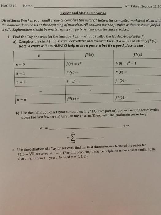 Solved MAC2312 Name: Worksheet Section 11.10 Taylor and | Chegg.com