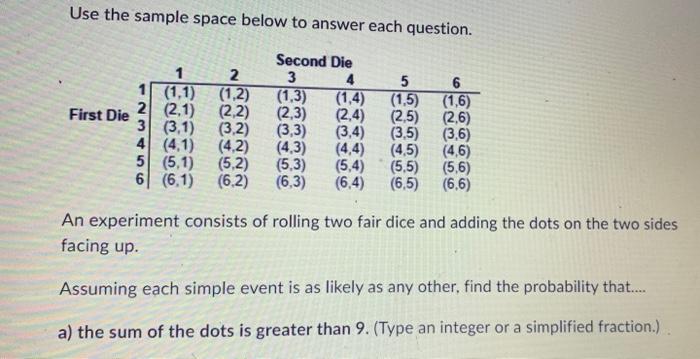 Solved Use the sample space below to answer each question. | Chegg.com