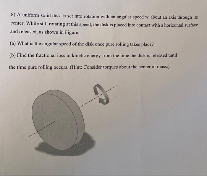 Solved 8) A uniform solid disk is set into rotation with an | Chegg.com