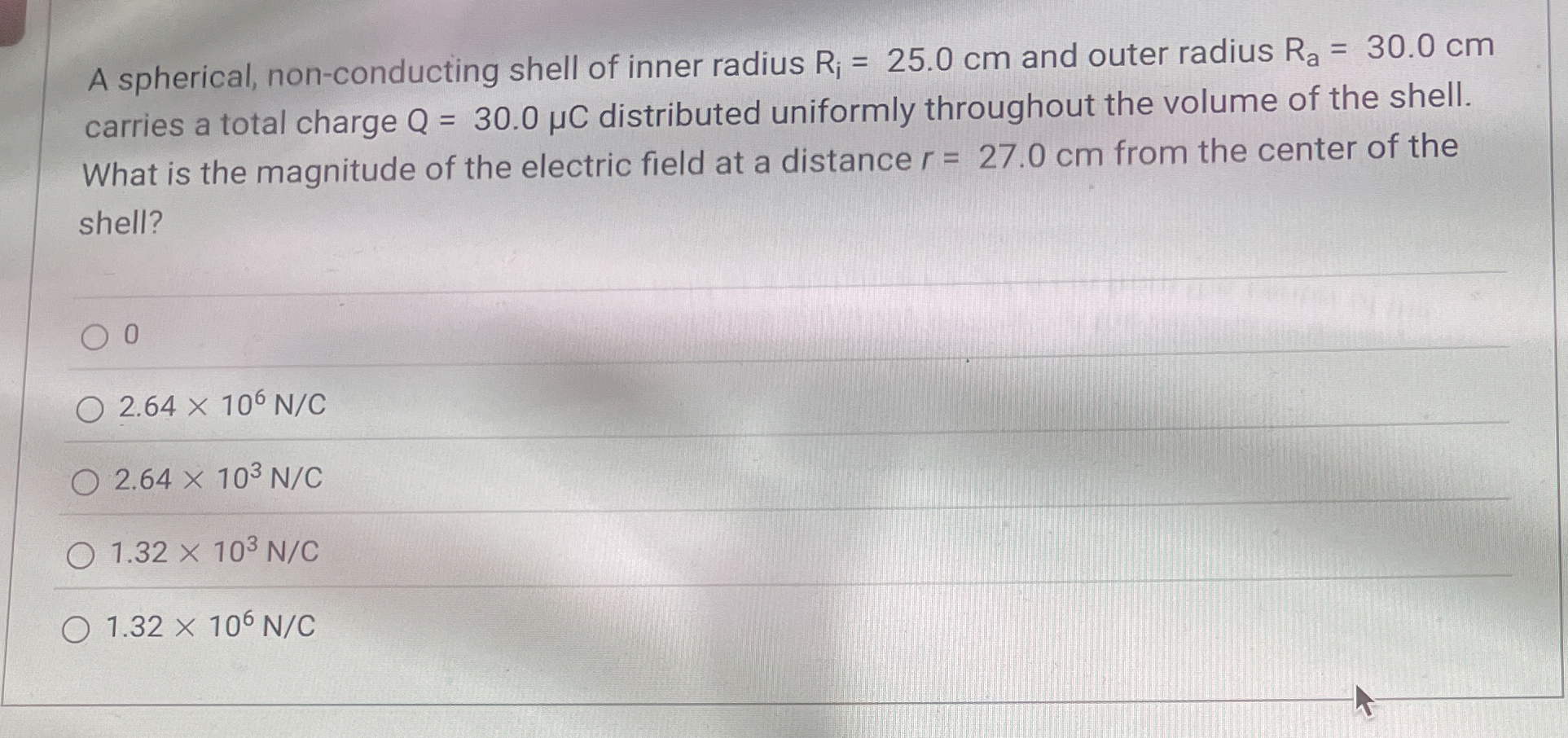 Solved A spherical, non-conducting shell of inner radius | Chegg.com