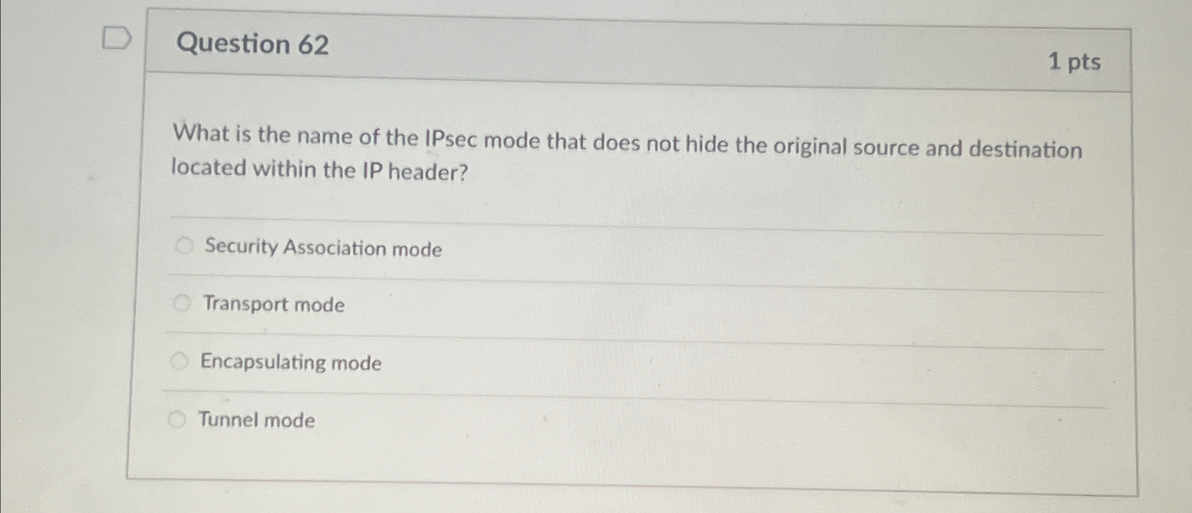 Solved Question 621 ﻿ptsWhat is the name of the IPsec mode | Chegg.com