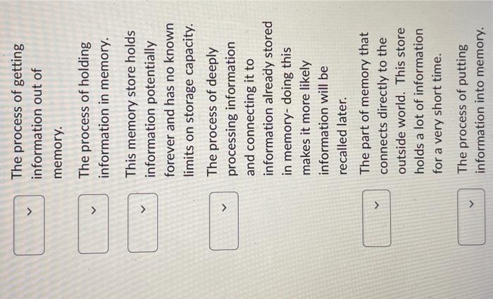 Solved 1. Memory 2. Encoding 3. Storage 4. Retrieval 5. | Chegg.com