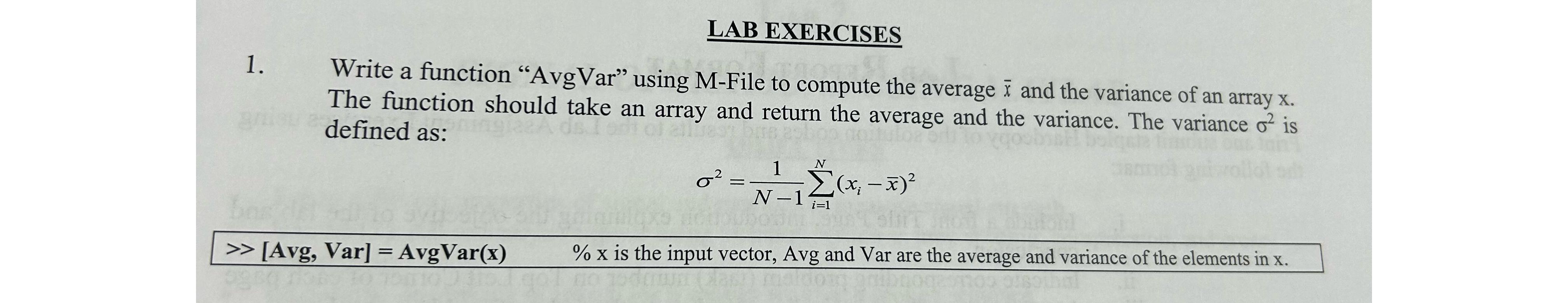Solved LAB EXERCISESWrite a function "AvgVar" using M-File | Chegg.com