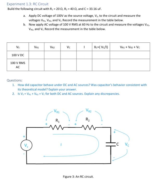 Solved Experiment 1.3: RC Circuit Build the following | Chegg.com