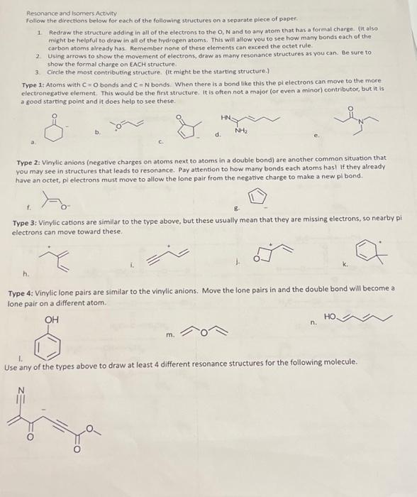 Resonance and Isomers Activity Follow the directions | Chegg.com