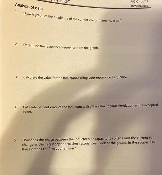Solved AC Circuits Resonance Analysis of data 1. Draw a | Chegg.com