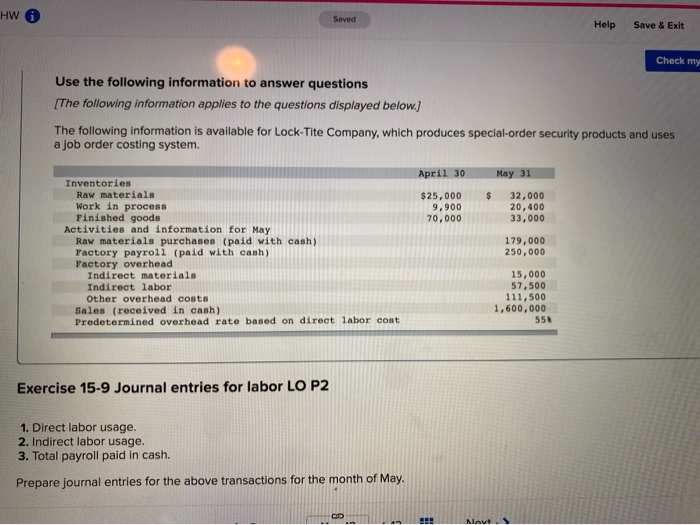 Solved HW Saved Help Save & Exit Check my Use the following | Chegg.com