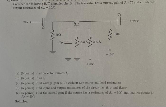 Solved Consider the following BJT amplifier circuit. The | Chegg.com