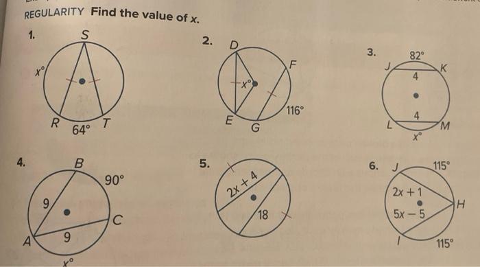 Solved REGULARITY Find the value of x. 1. S 2. 4. A R 9. 64° | Chegg.com