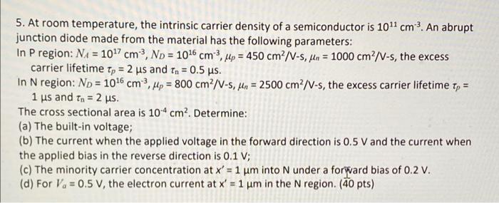 Solved 5. At room temperature, the intrinsic carrier density | Chegg.com