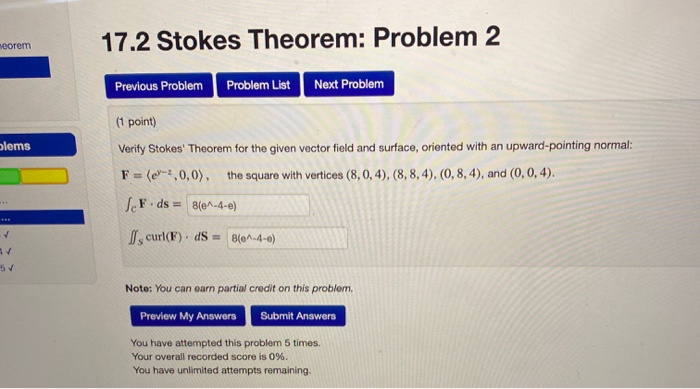 Solved 17.2 Stokes Theorem: Problem 1 Previous Problem | Chegg.com
