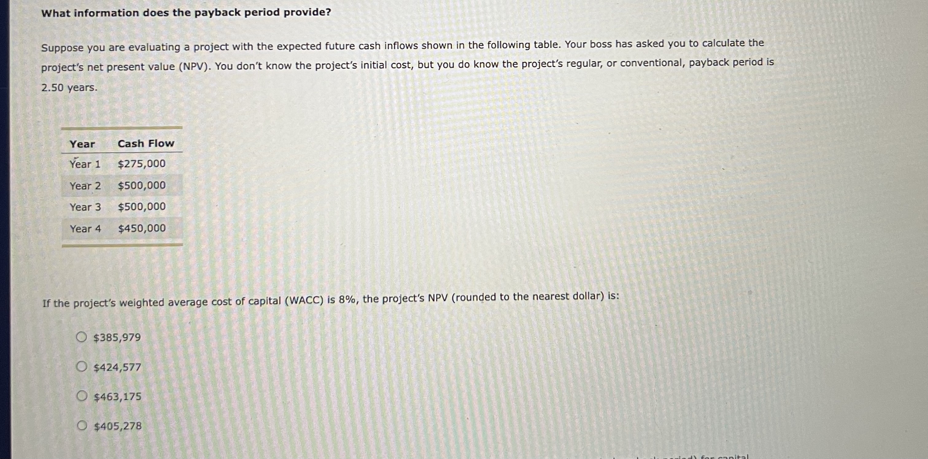 Solved What information does the payback period | Chegg.com