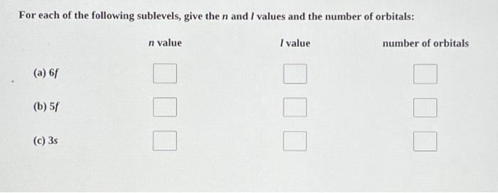 Solved For each of the following sublevels, give the n and I | Chegg.com