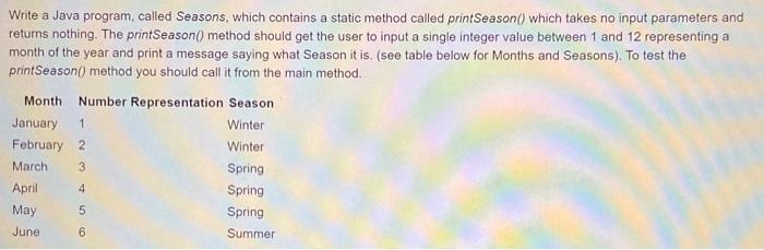 Solved Write a Java program, called Seasons, which contains | Chegg.com