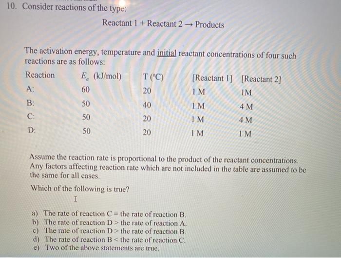 Solved 10. Consider reactions of the type: Reactant 1 + | Chegg.com