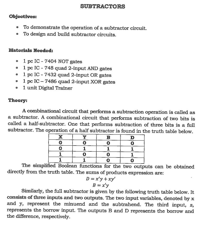 Solved SUBTRACTORS Objectives: To demonstrate the operation | Chegg.com
