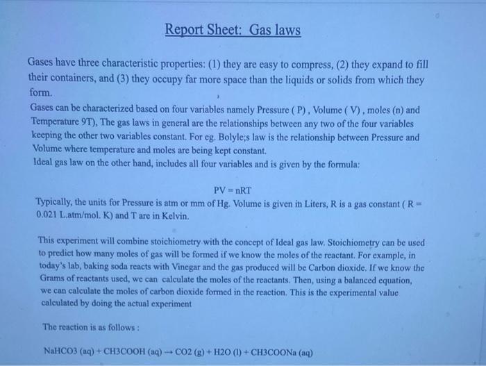 Report Sheet: Gas laws Gases have three | Chegg.com