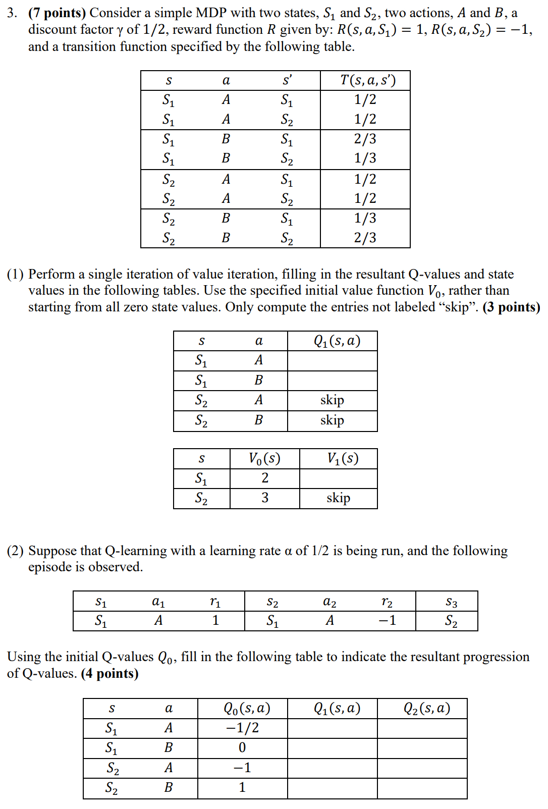 Solved (7 ﻿points) ﻿Consider a simple MDP with two states, | Chegg.com