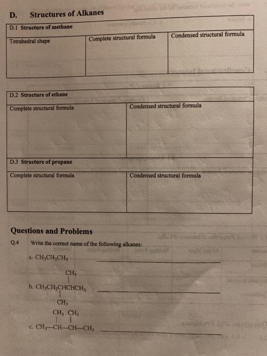 Solved D. Structures of Alkanes D.1 Structure of methane | Chegg.com