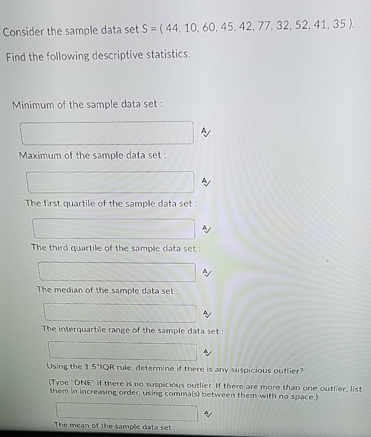 Solved Consider the sample data set S = ( 44. 10, 60, 45, | Chegg.com