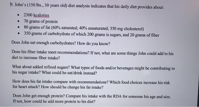Solved 9. John's (150 lbs., 30 years old) diet analysis | Chegg.com