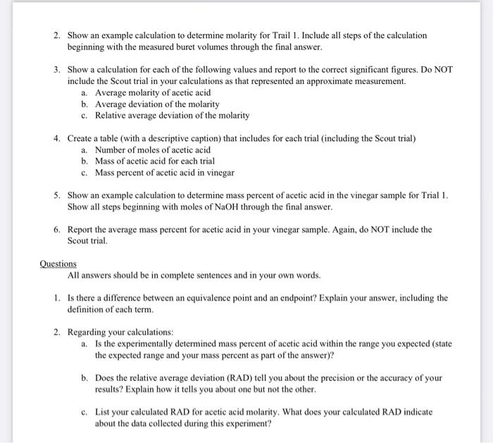 Solved 2. Show an example calculation to determine molarity | Chegg.com