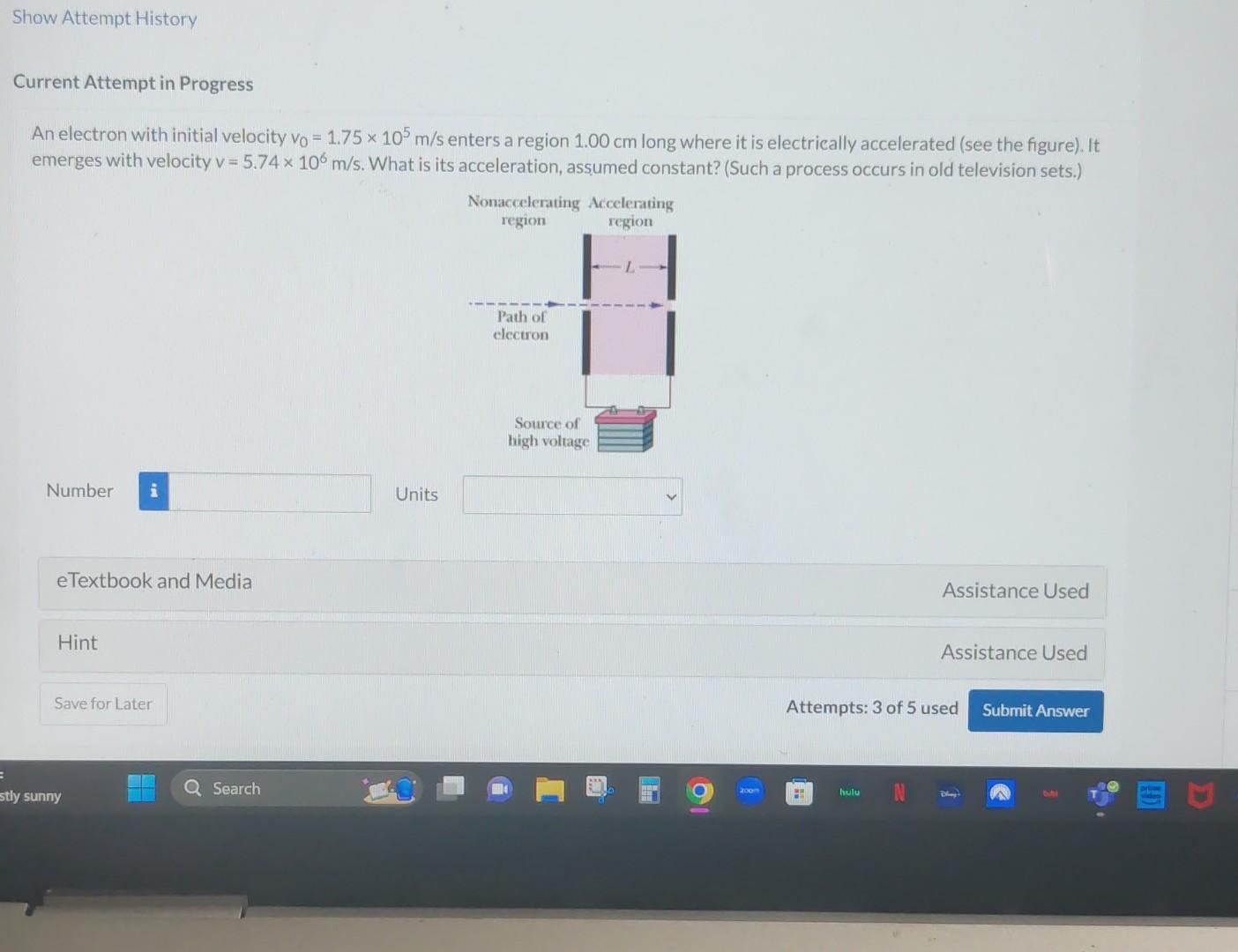 Solved An electron with initial velocity v0=1.75×105 m/s | Chegg.com