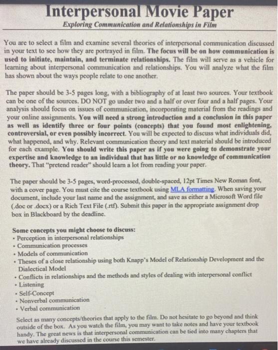 Solved Interpersonal Movie Paper Exploring Communication and | Chegg.com