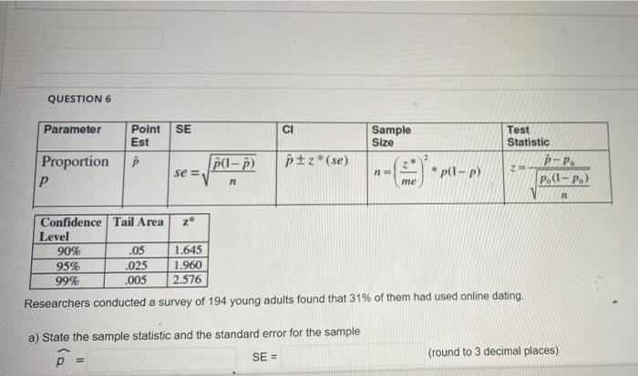 Solved QUESTION 6 Parameter SE ci Point Est Sample Size Test | Chegg.com