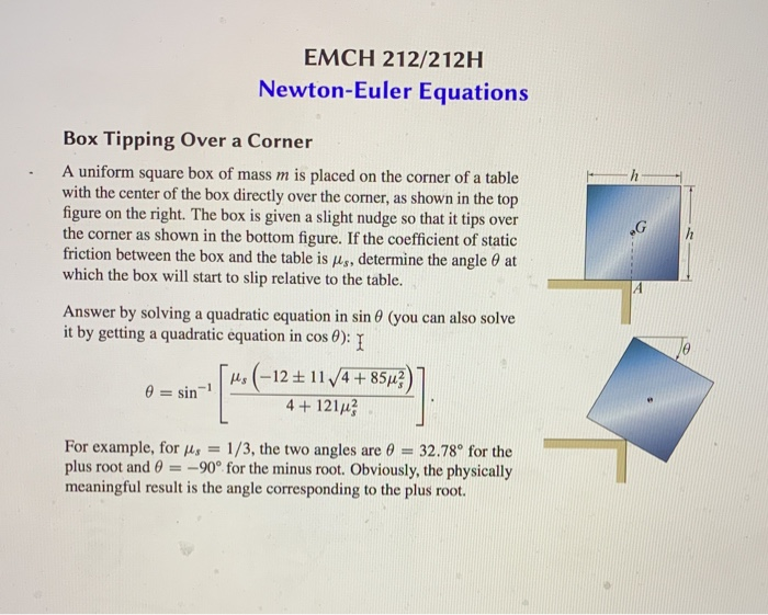 EMCH 212/212H Newton-Euler Equations Box Tipping Over | Chegg.com