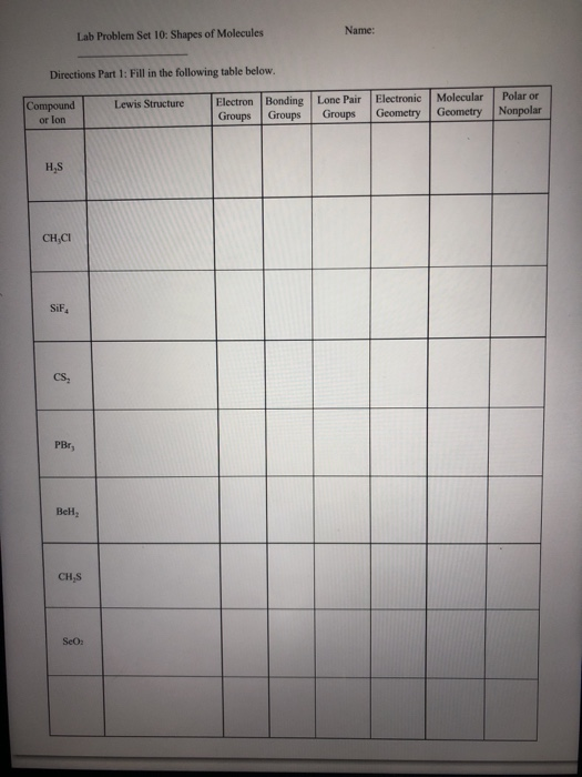 Solved Name Lab Problem Set 10: Shapes of Molecules | Chegg.com