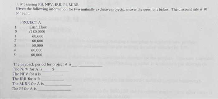 Solved 1. Measuring PB, NPV, IRR, PI, MIRR Given the | Chegg.com
